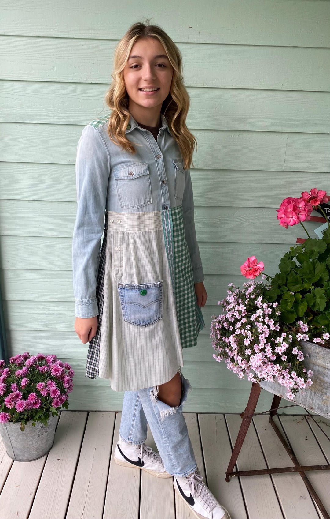 Women’s Upcycled Denim Shirt Tunic. Repurposed Shirt With Added Skirt ...