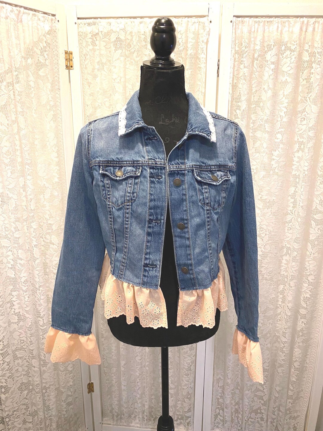Upcycled Denim Jean Jacket: Boho Eyelet Ruffle, Size S/P - Etsy
