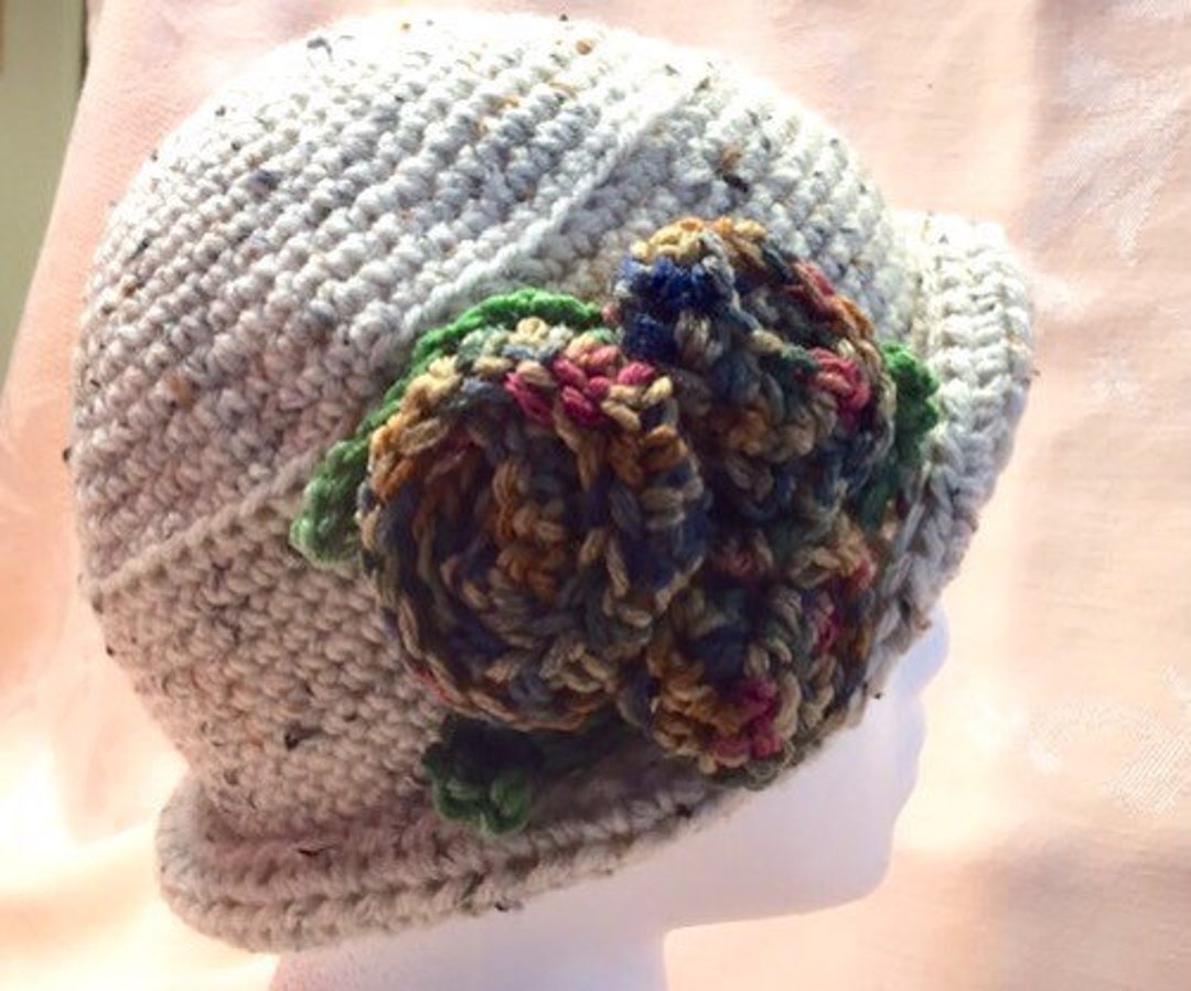 Women's Crocheted Flapper Style Hat With Brim and Flower Crochet ...