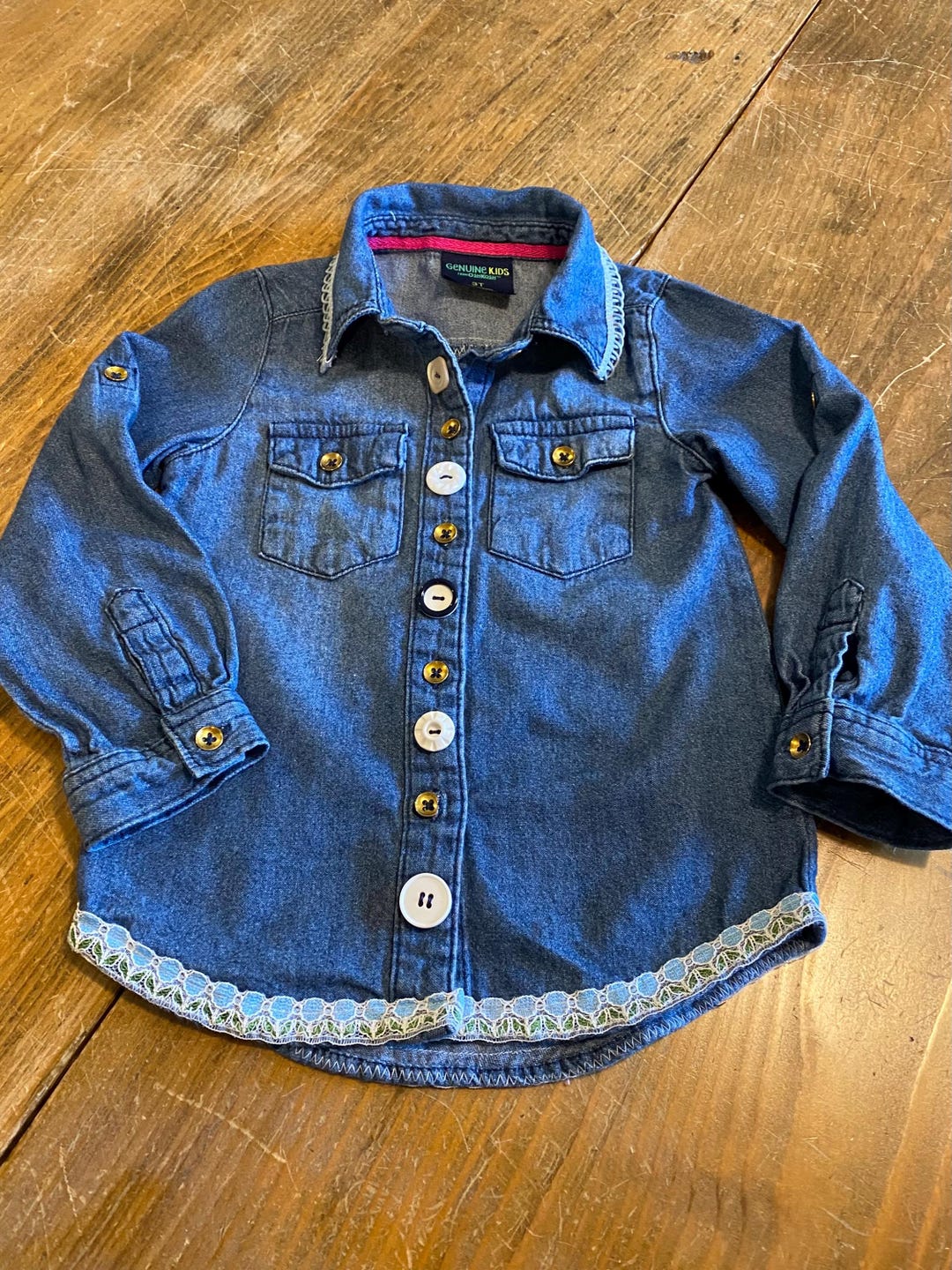 Girls Upcycled Denim Shirt Embellished With a Ruffle and Rickrack ...