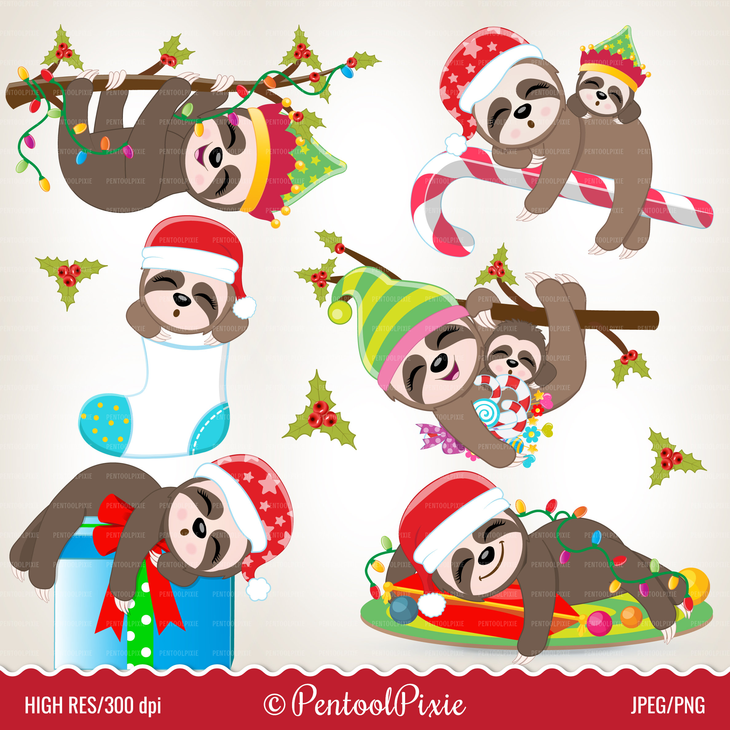 Christmas Sloth Clipart Christmas clipart Sloth Clip Art | Etsy