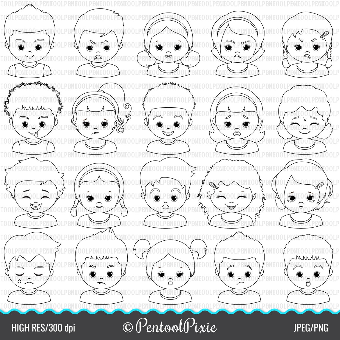 Emotions Clipart Lineart Black and White Expressions - Etsy UK