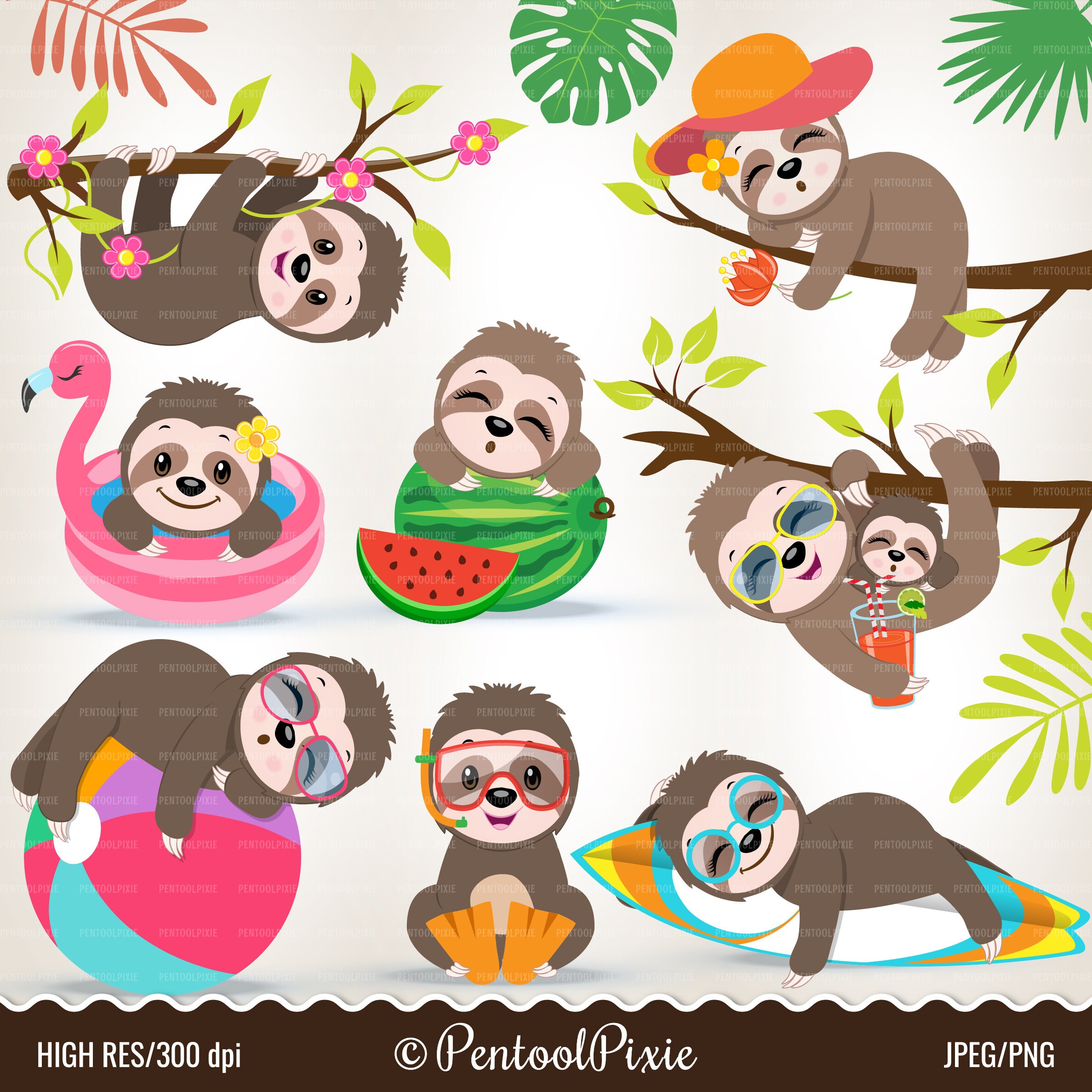 Summer Sloths Clipart Summer Clipart Sloth Clipart Tropical - Etsy ...