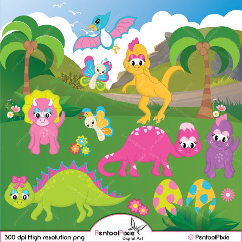 Girly Dinosaur Clipart Dinosaur Clipart Dino Dinosaur | Etsy