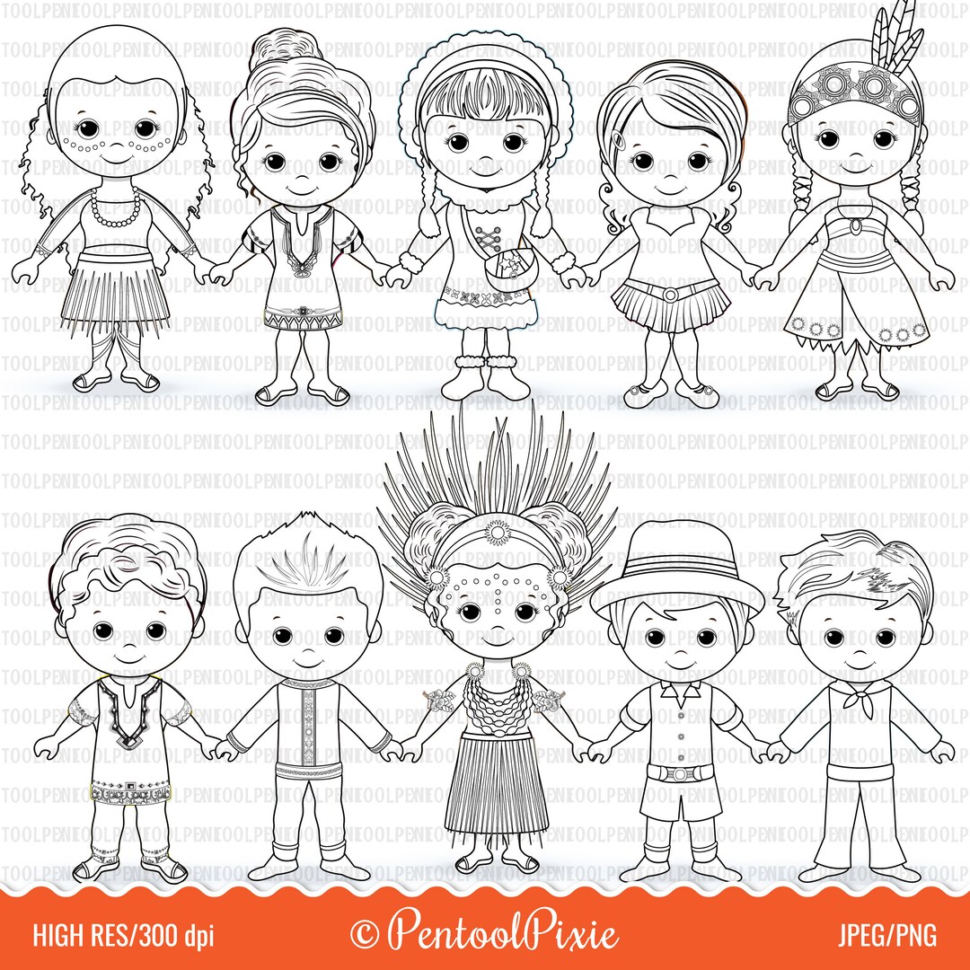 Children of the World Clipart, Lineart, Black and White, Children ...