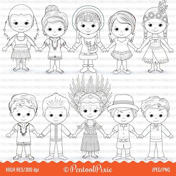 Children of the World Clipart Lineart Black and White | Etsy