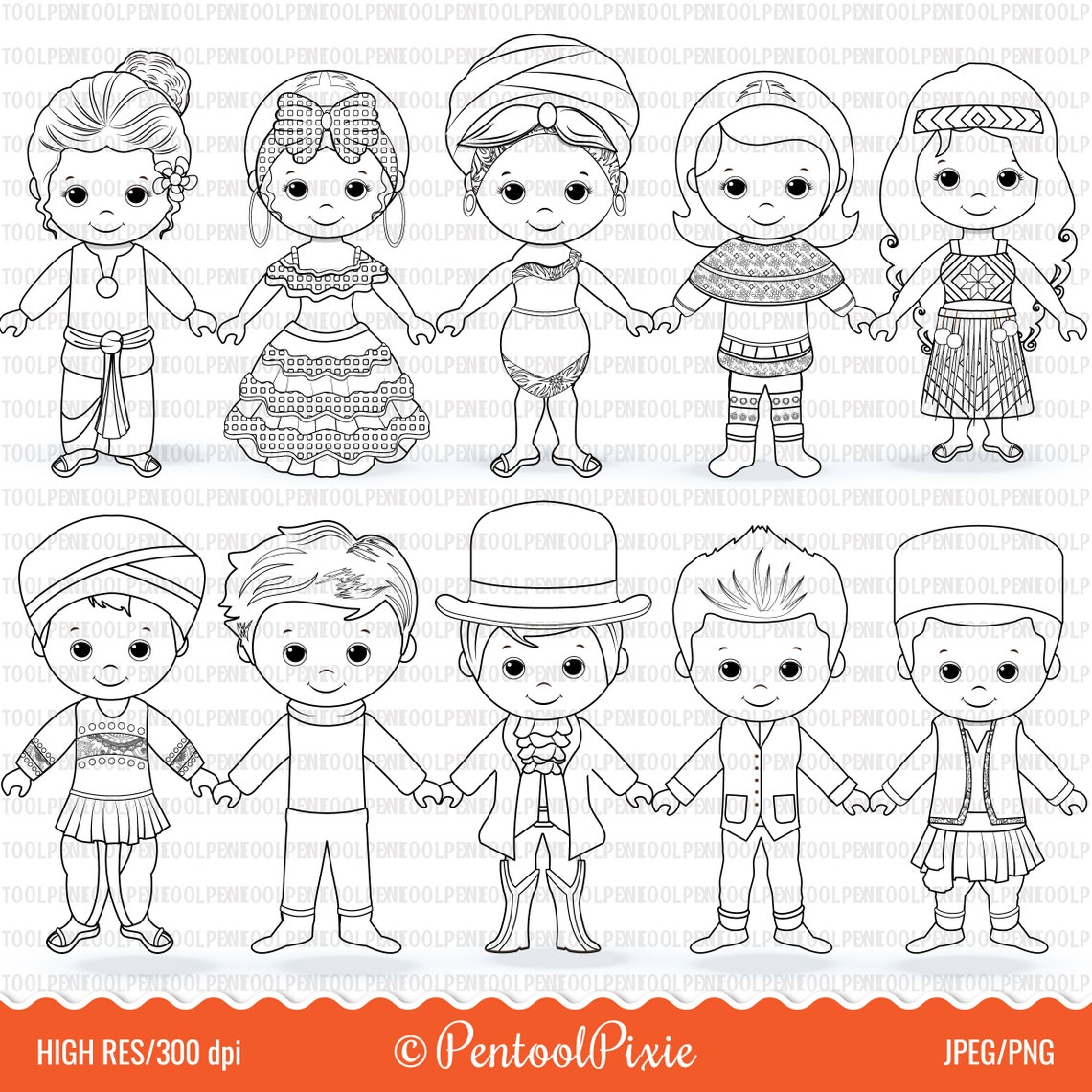 Children of the World Clipart Lineart PART 4 Black and | Etsy