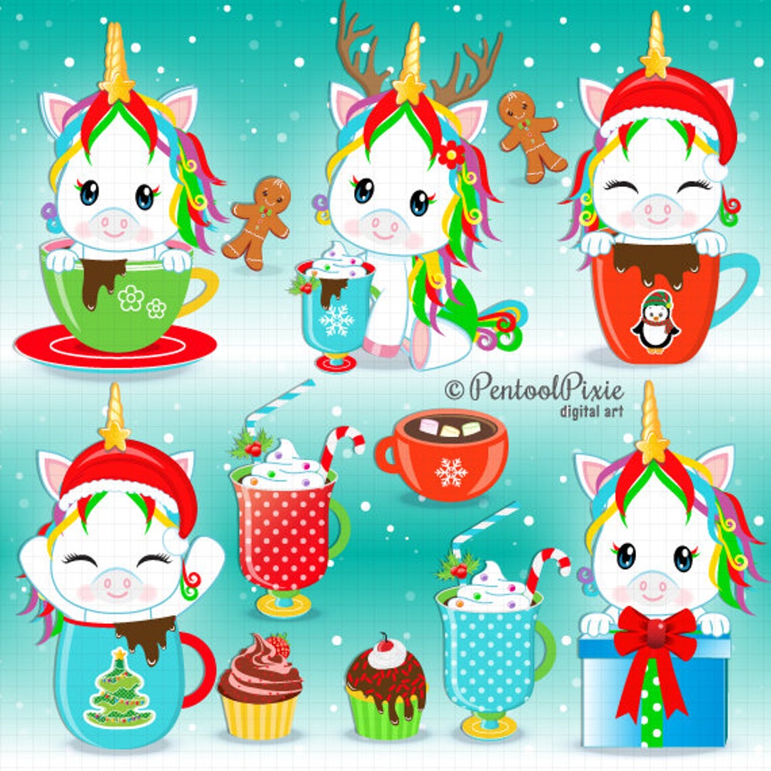 Christmas Clipart Christmas Unicorn Clipart Hot Chocolate - Etsy