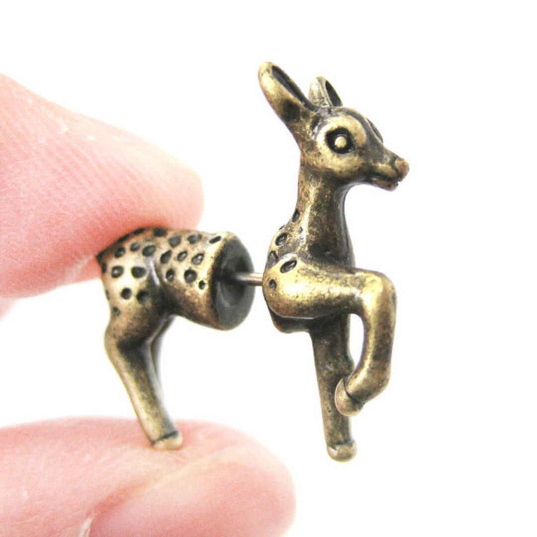 Realistic Deer Doe Shaped Animal Fake Gauge Plug Earrings in Bronze ...