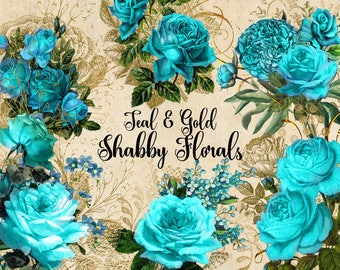 Aqua and Gold Floral Clip Art digital instant download | Etsy