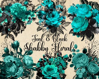 Aqua and Gold Floral Clip Art digital instant download | Etsy