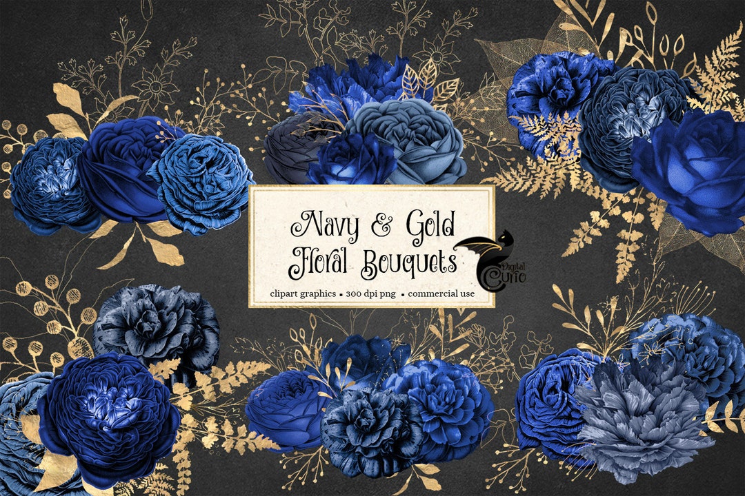 Navy and Gold Floral Bouquet Clipart, Wedding Flower PNG (digital ...