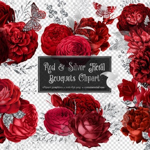Red and Silver Floral Clip Art, Digital Instant Download Painted ...
