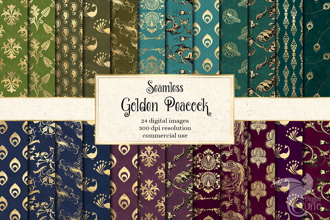 Golden Peacock Digital Paper, Peacock Feathers and Seamless Peacock ...