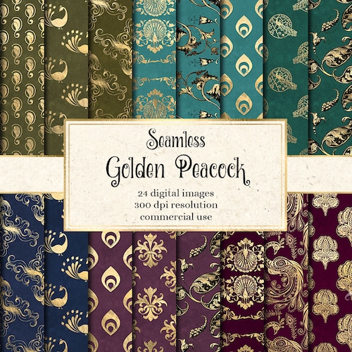 Golden Peacock Digital Paper Peacock Feathers and Seamless - Etsy