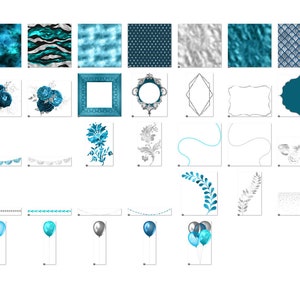 Turquoise and Silver Digital Scrapbooking Kit, Clipart and Seamless ...
