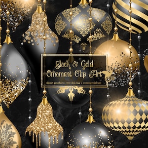 Black and Gold Christmas Ornaments Clipart, Glitter Ball (digital ...