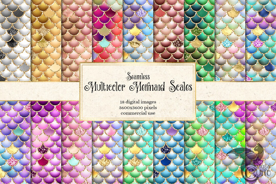 Multicolor Mermaid Scales Digital Paper, Gold Glitter (digital Download ...