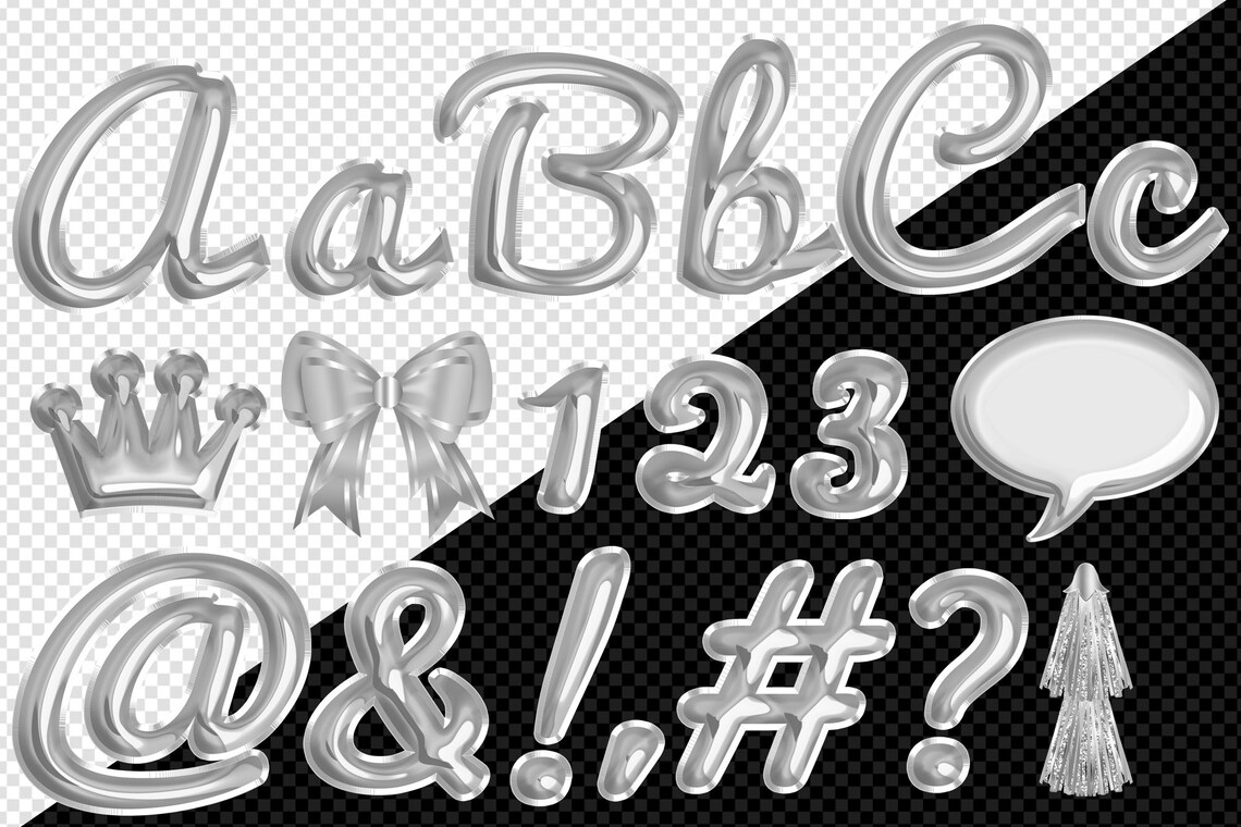 Silver Foil Balloon Script Alphabet Clip Art Digital Instant - Etsy