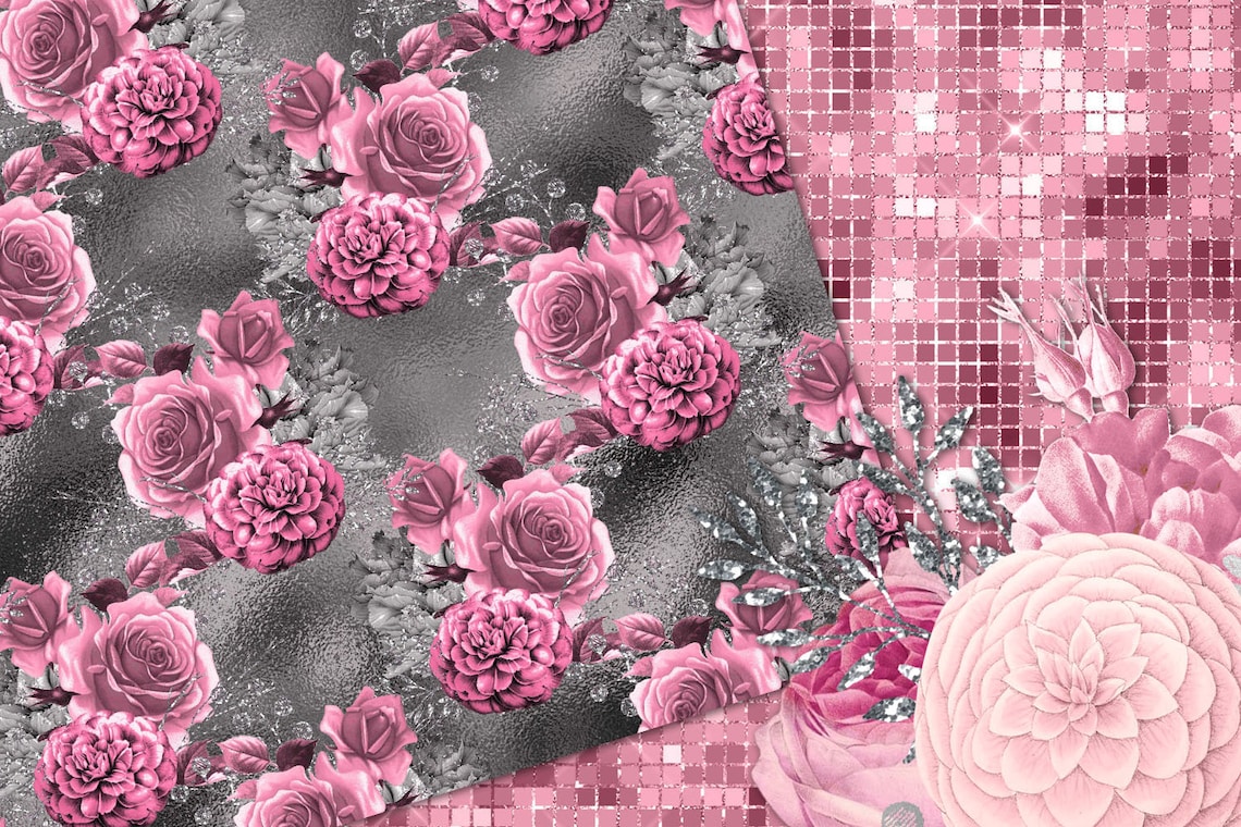Pink and Silver Floral Digital Paper Seamless Pink Rose - Etsy
