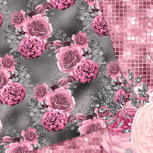 Pink Silver Floral Digital Paper: Seamless Rose Scrapbook Patterns ...