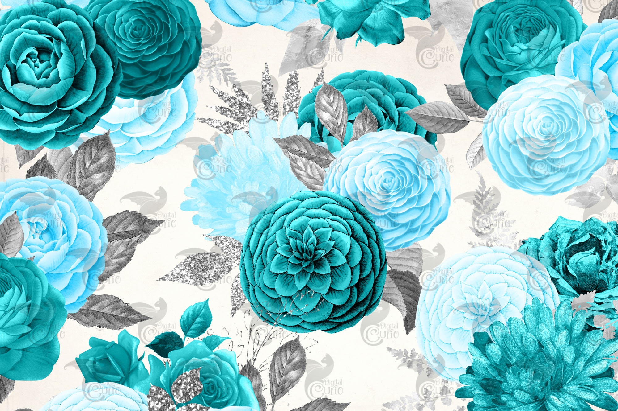Turquoise and Silver Floral Bouquets Clipart Digital Instant - Etsy