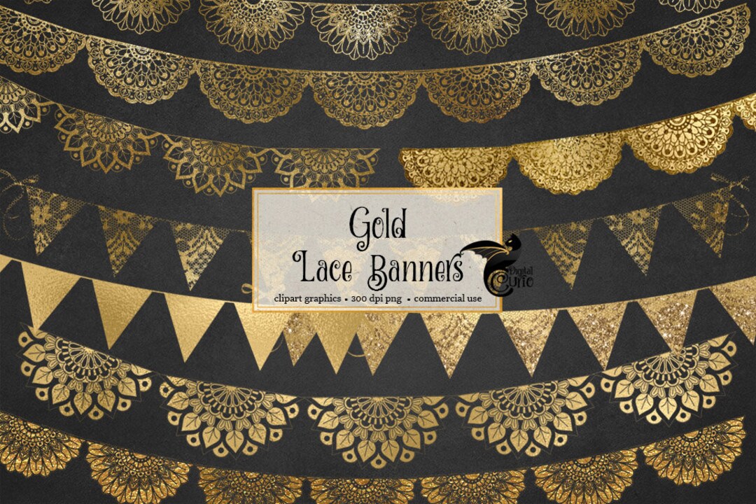 Gold Lace Banners Clipart, Gold Foil Clip Art Bunting Banner Overlays ...