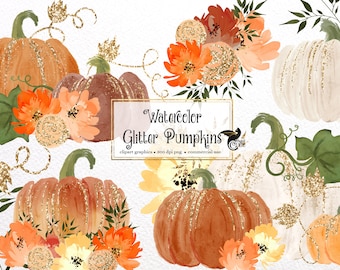 Pink White and Gold Watercolor Pumpkins Clip Art - Sparkling Gold ...