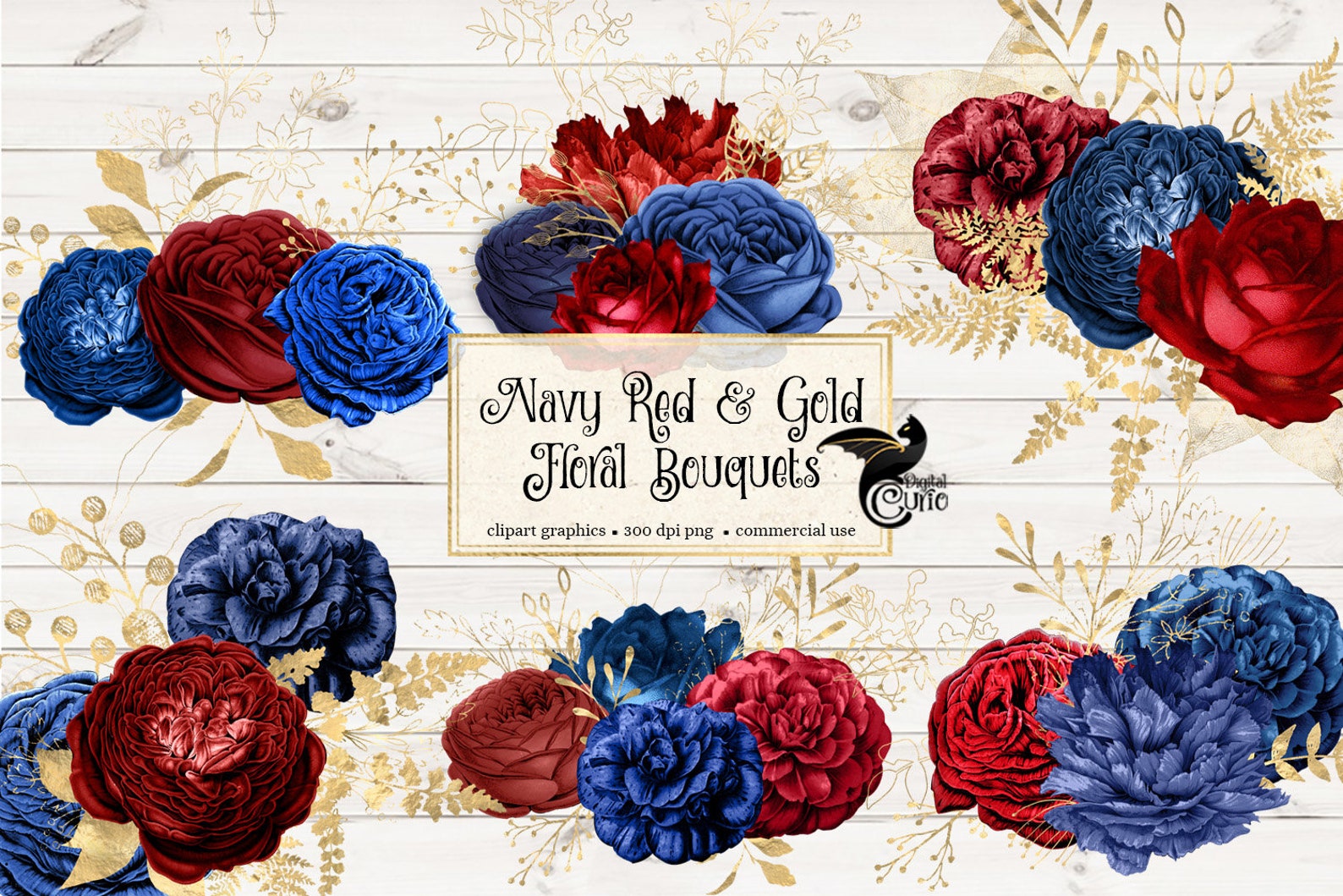 Navy Red and Gold Floral Bouquets Clipart Red and Gold With - Etsy