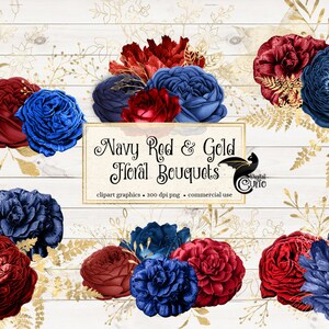 Navy Red and Gold Floral Bouquets Clipart, Red and Gold With Navy Blue ...
