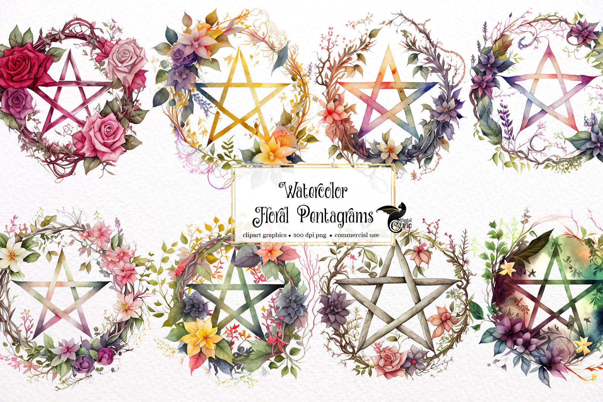Watercolor Pentagram Clipart - Floral Pentacle PNG Format Instant ...