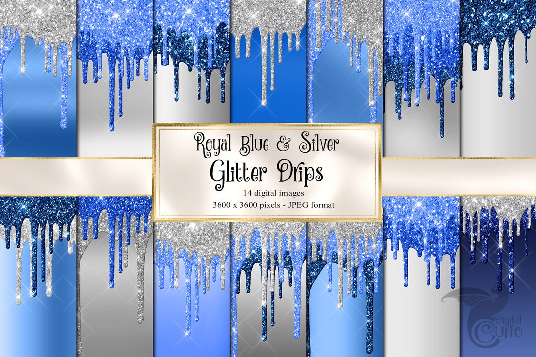 Royal Blue and Silver Dripping Glitter Digital Paper, Glitter ...