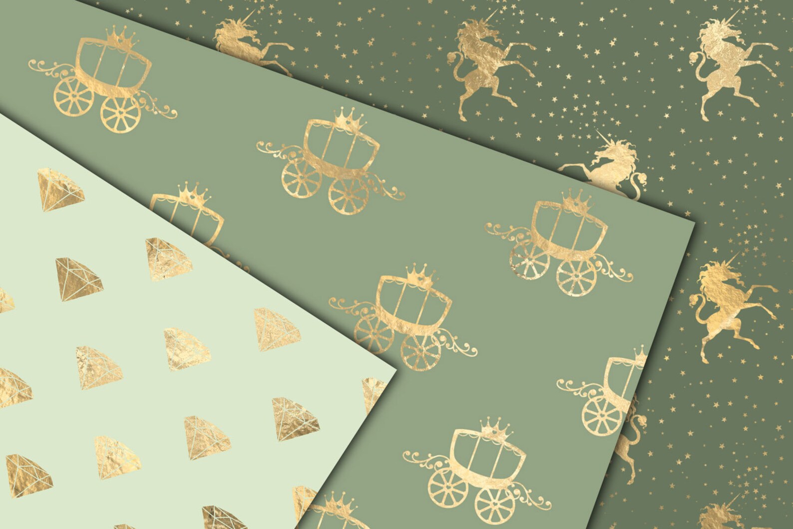 Sage and Gold Princess Digital Paper Seamless Mint Green | Etsy