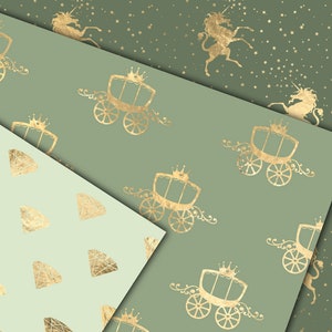 Sage and Gold Princess Digital Paper, Seamless Mint Green Princess ...