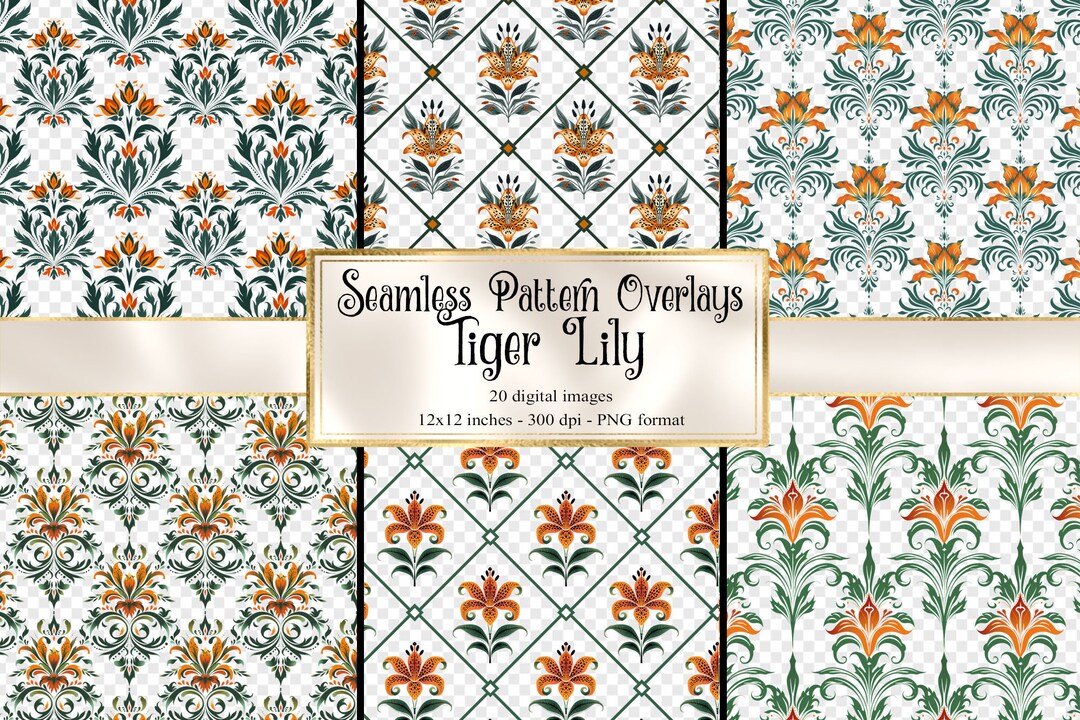 Tiger Lily Damask Pattern Overlays, Seamless PNG Files (digital ...