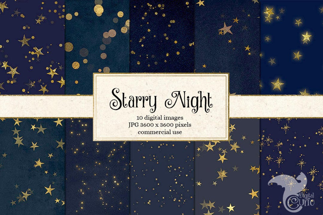 Starry Night Digital Paper Backgrounds, Celestial Digital Paper, Gold ...