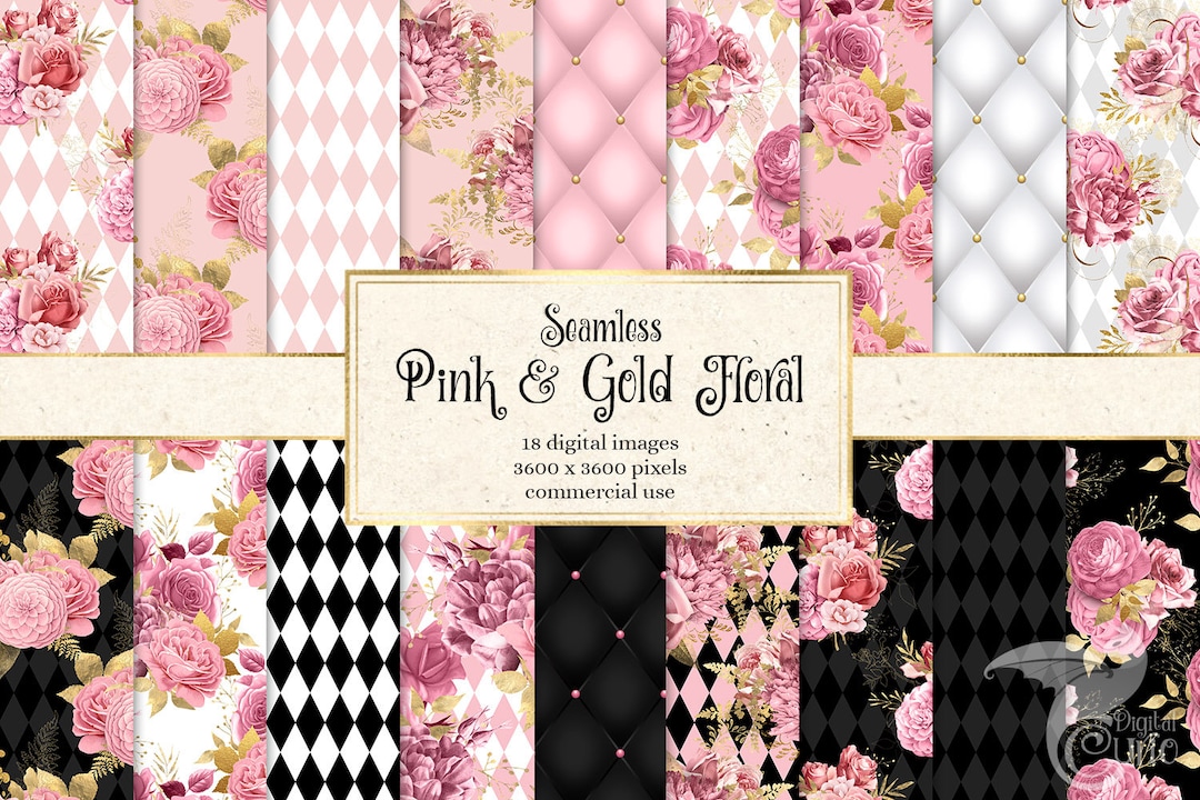 Pink and Gold Floral Digital Paper, Seamless Gold and Pink Rose ...