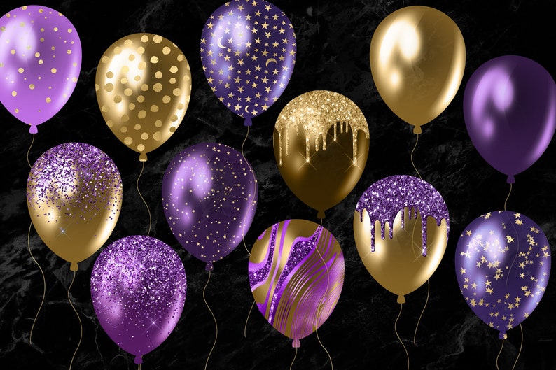 Purple and Gold Balloons Clipart Glitter Balloon Png Digital - Etsy