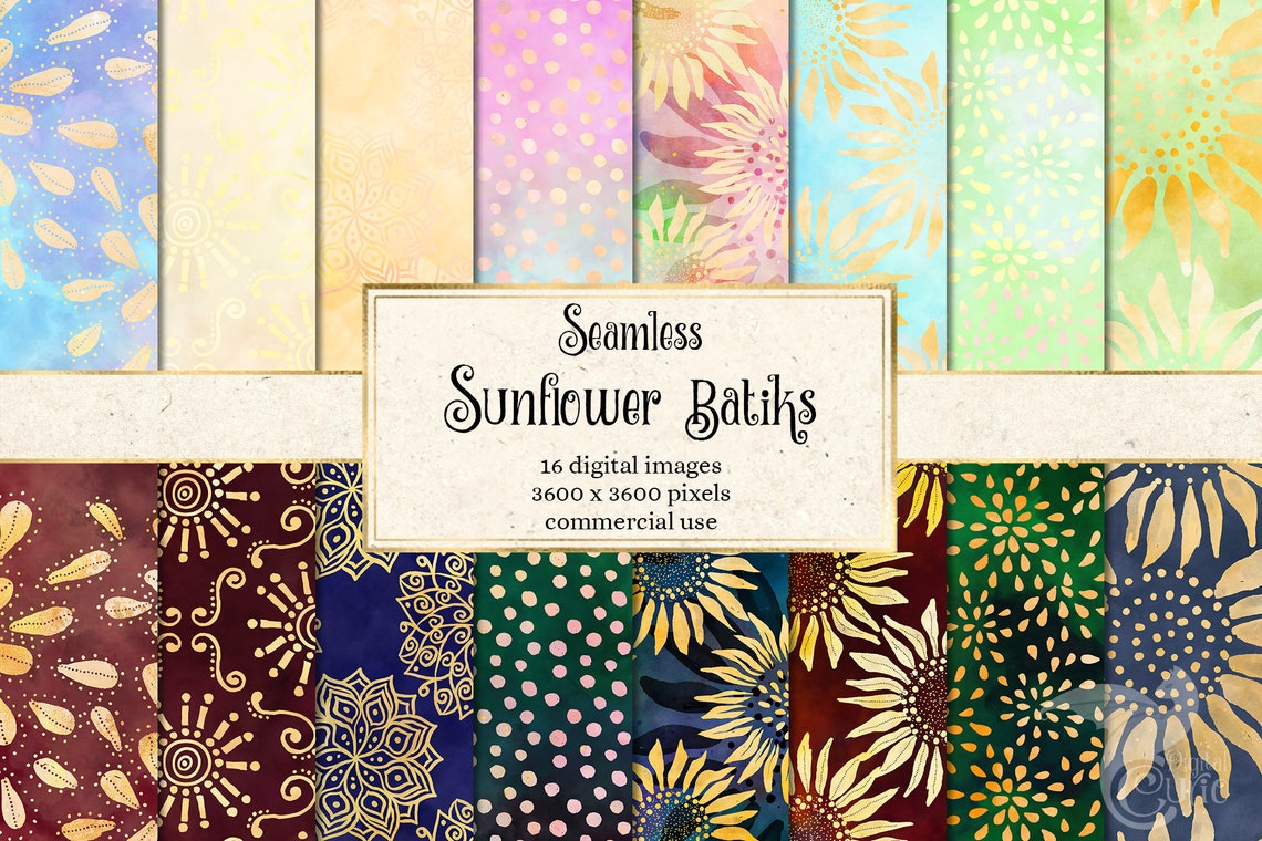 Sunflower Batik Digital Paper Hand Drawn Seamless Patterns | Etsy
