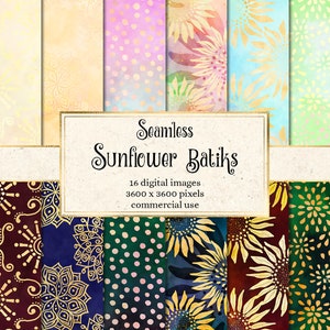 Sunflower Batik Digital Paper - Hand Drawn Seamless Patterns Instant ...
