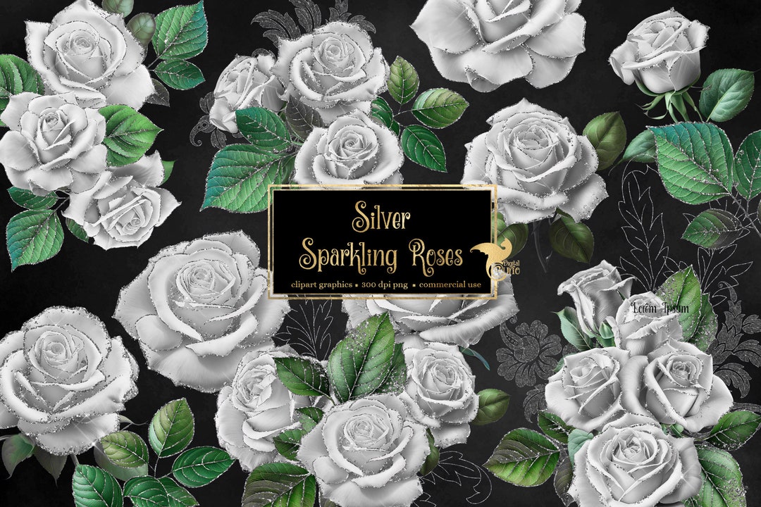 Silver Sparkling Roses Clip Art, Digital Instant Download Glitter ...