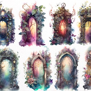 Watercolor Fantasy Doors Clipart - Floral Magic Door Watercolor PNG Format Instant Download for ...