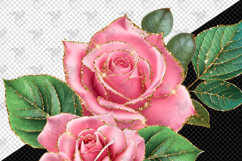 Pink and Gold Glitter Roses Clip Art, PNG Embellishments (digital ...