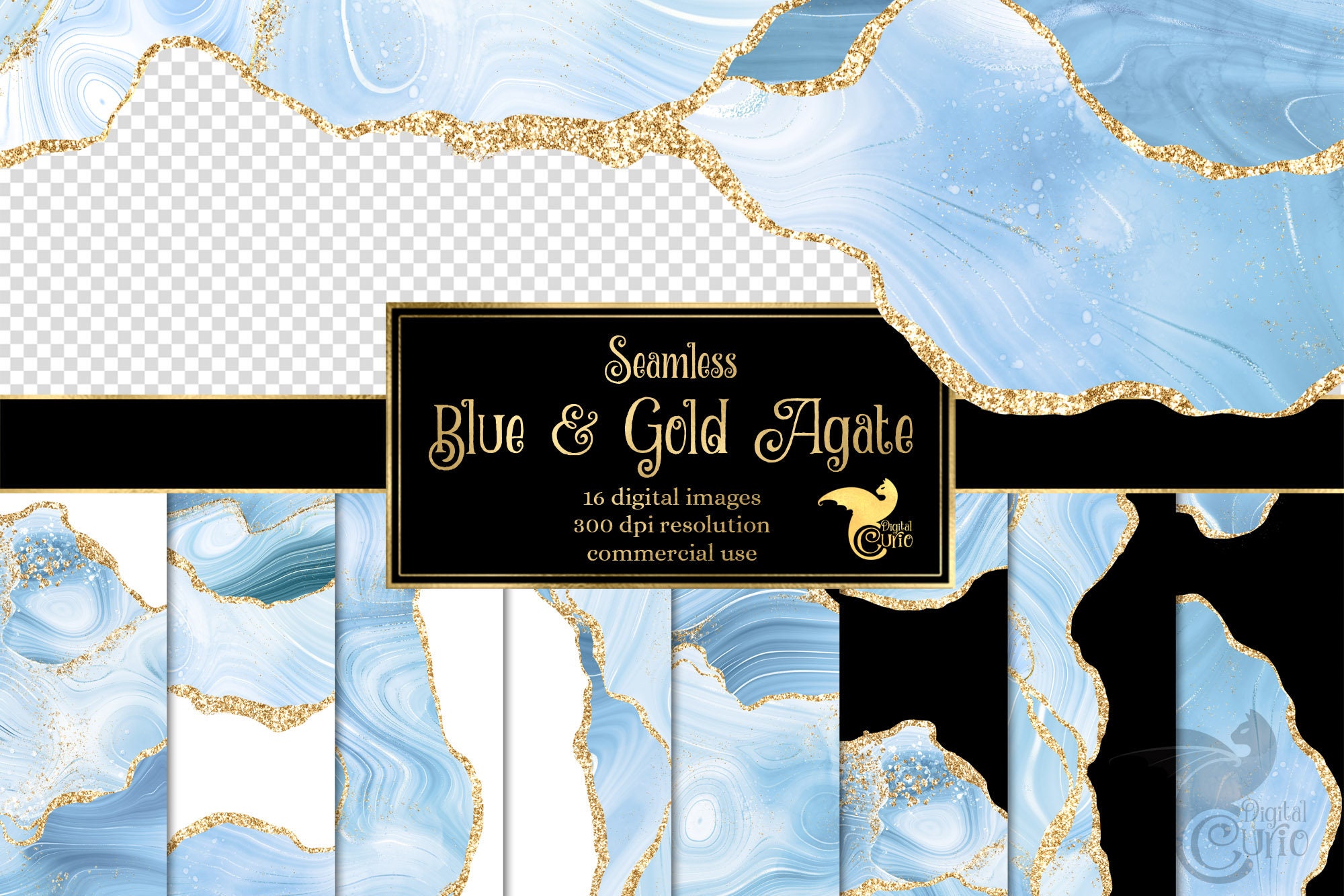 Blue and Gold Agate Borders, Seamless Geode Overlays (digital Download ...