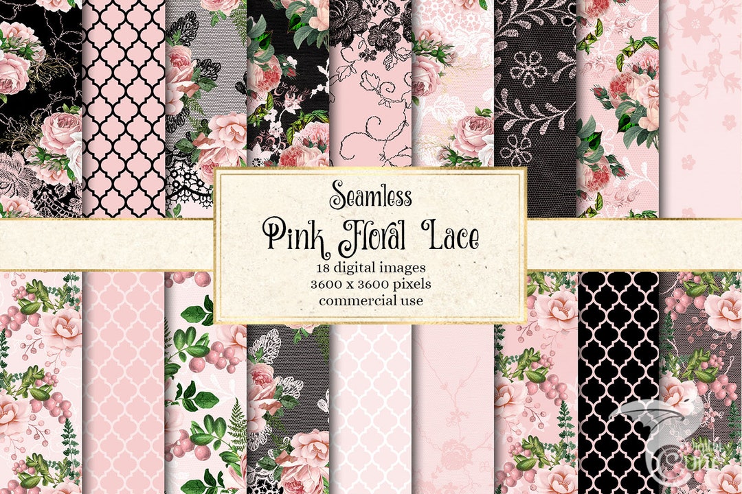 Pink Floral Lace Digital Paper, Seamless Floral Patterns Rustic Flowers ...