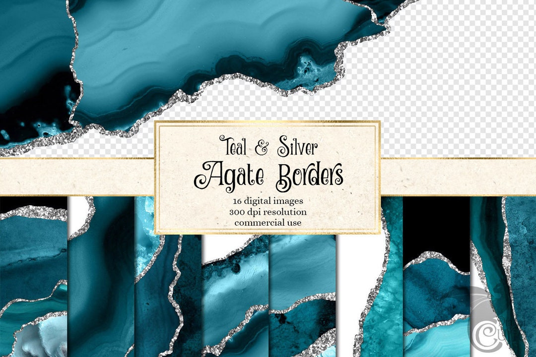 Teal and Silver Agate Borders, Digital Watercolor Geode PNG Overlays ...
