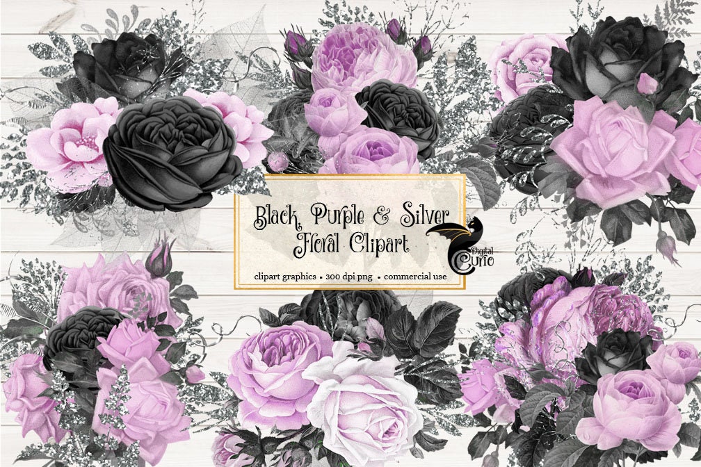 Black Purple and Silver Floral Clipart Vintage Flower Clip - Etsy
