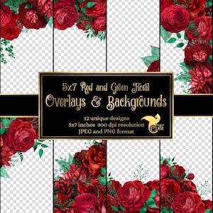 5x7 Red and Green Floral Overlays for Invitations, Planners, Journal ...