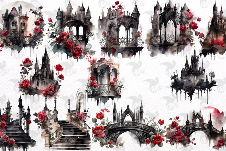 Watercolor Gothic Palace Clipart – Dark Fantasy PNG Graphics ...