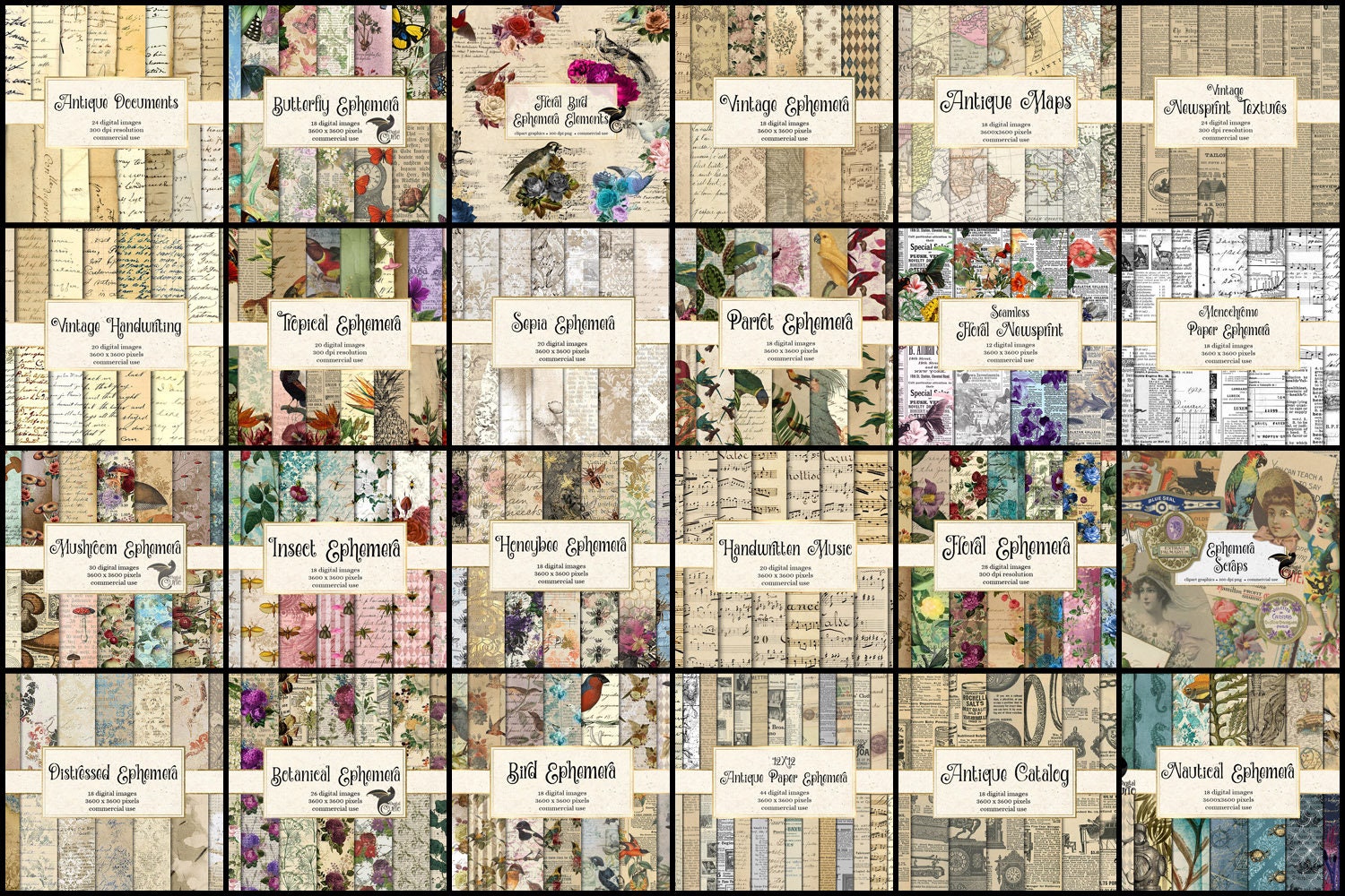 400+ Vintage Ephemera Graphics Bundle, Digital Scrapbook Paper (digital ...